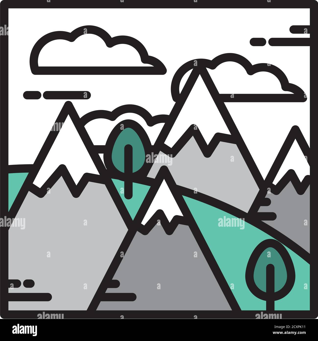 landscape mountains alps snow trees grass clouds sky cartoon line and ...