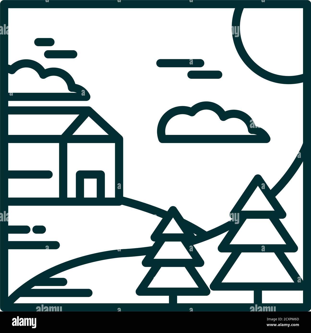 landscape cottage hills pine trees sun cloud cartoon line icon style ...