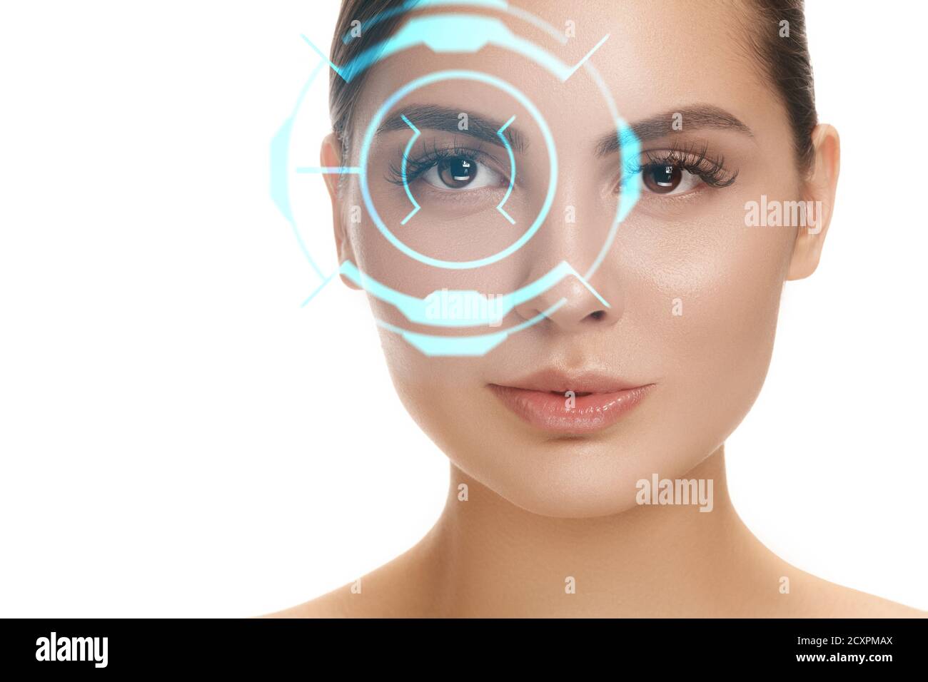 Meet the future. Woman with cyber technology eye panel, cyberspace ...