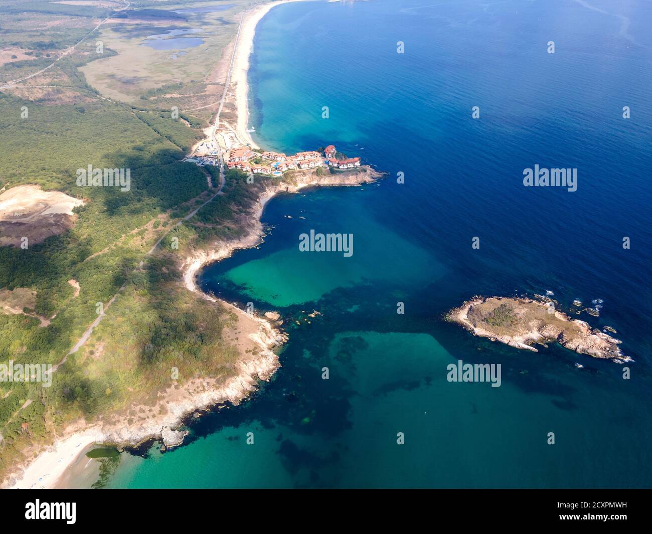 Aerial view of Snake Island at Arkutino region, Burgas Region, Bulgaria ...