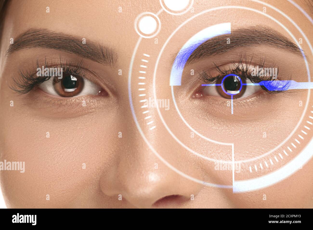 Close up. Future woman with cyber technology eye panel, cyberspace ...