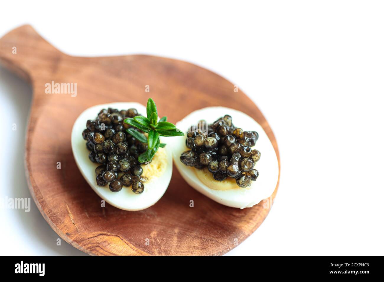 Gourmet dish, delicious black sturgeon caviar on a quail eggs on the ...