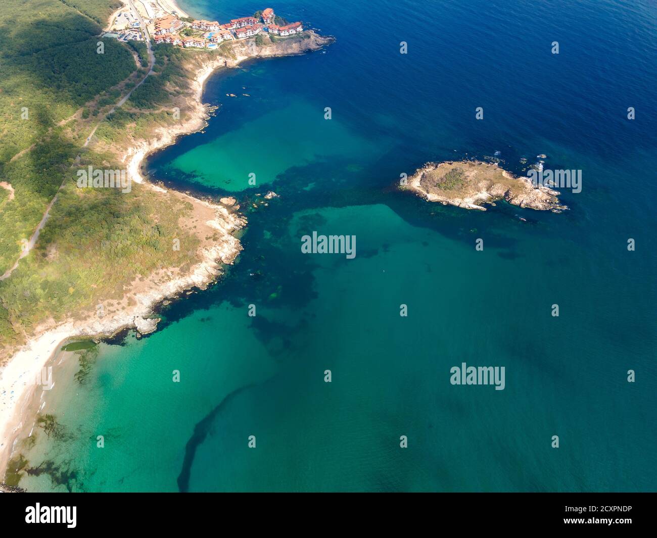 Aerial view of Snake Island at Arkutino region, Burgas Region, Bulgaria ...
