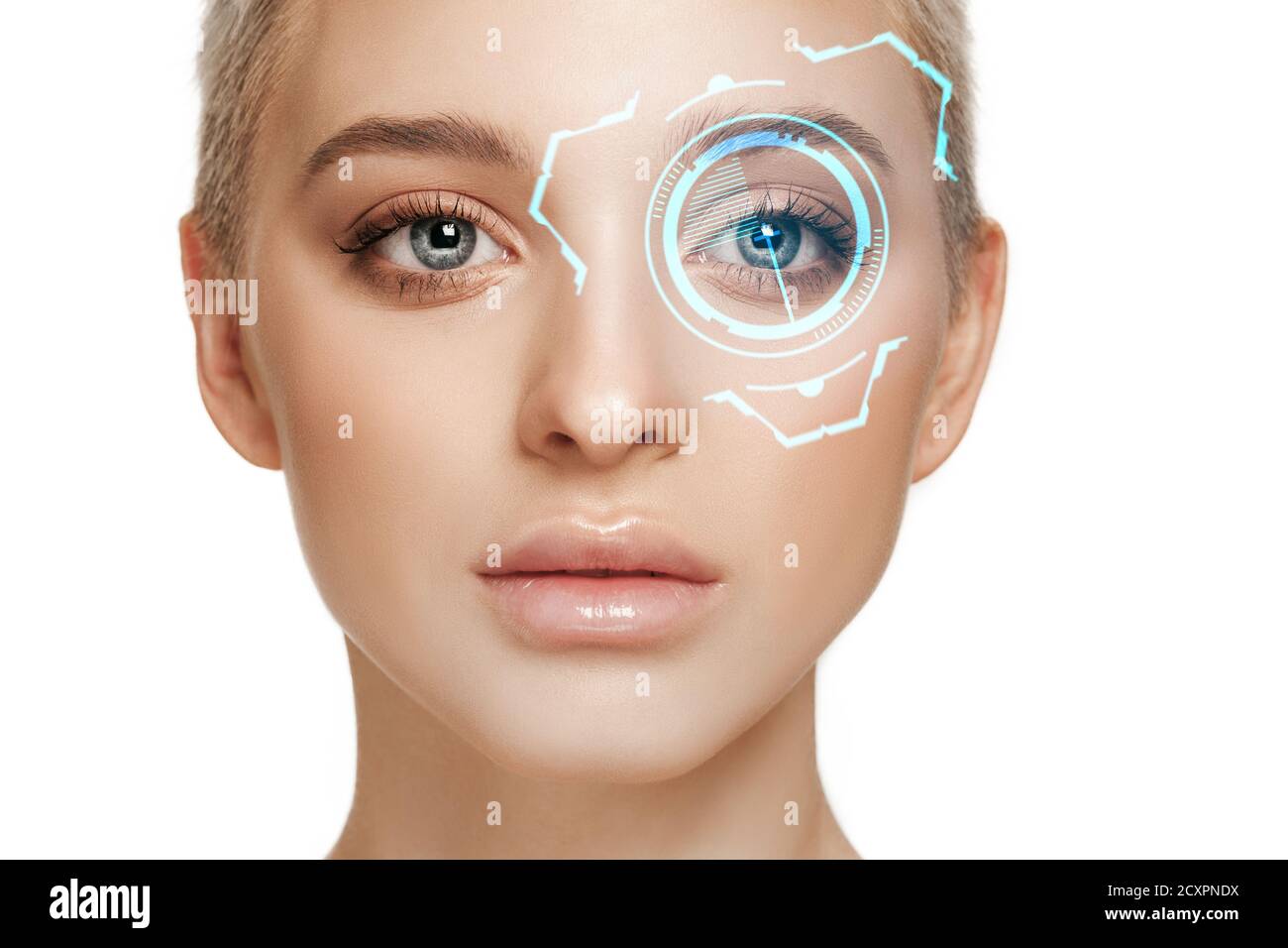 Meet the future. Woman with cyber technology eye panel, cyberspace ...