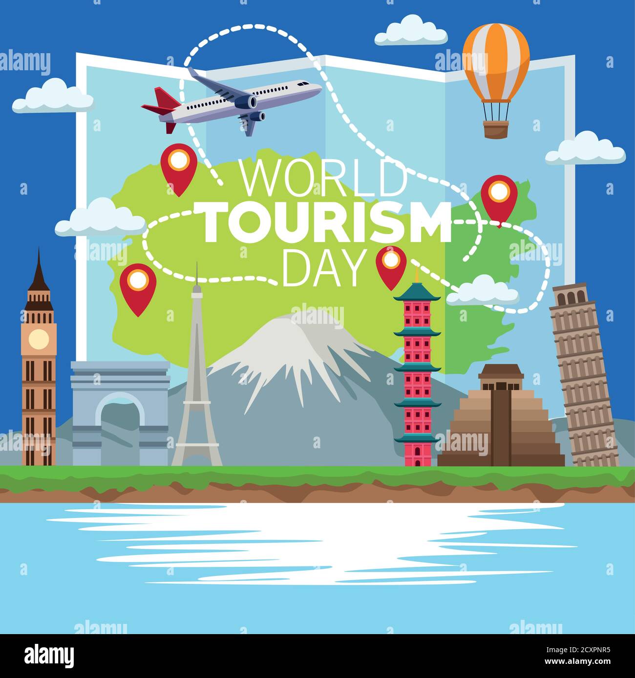 world tourism day lettering celebration with paper map and monuments ...