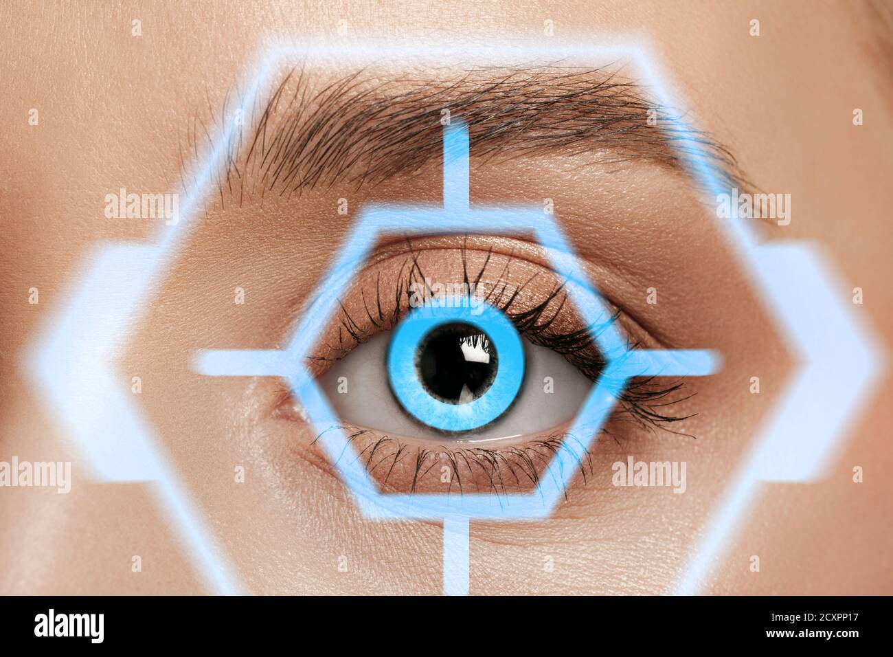 Close up. Future woman with cyber technology eye panel, cyberspace ...