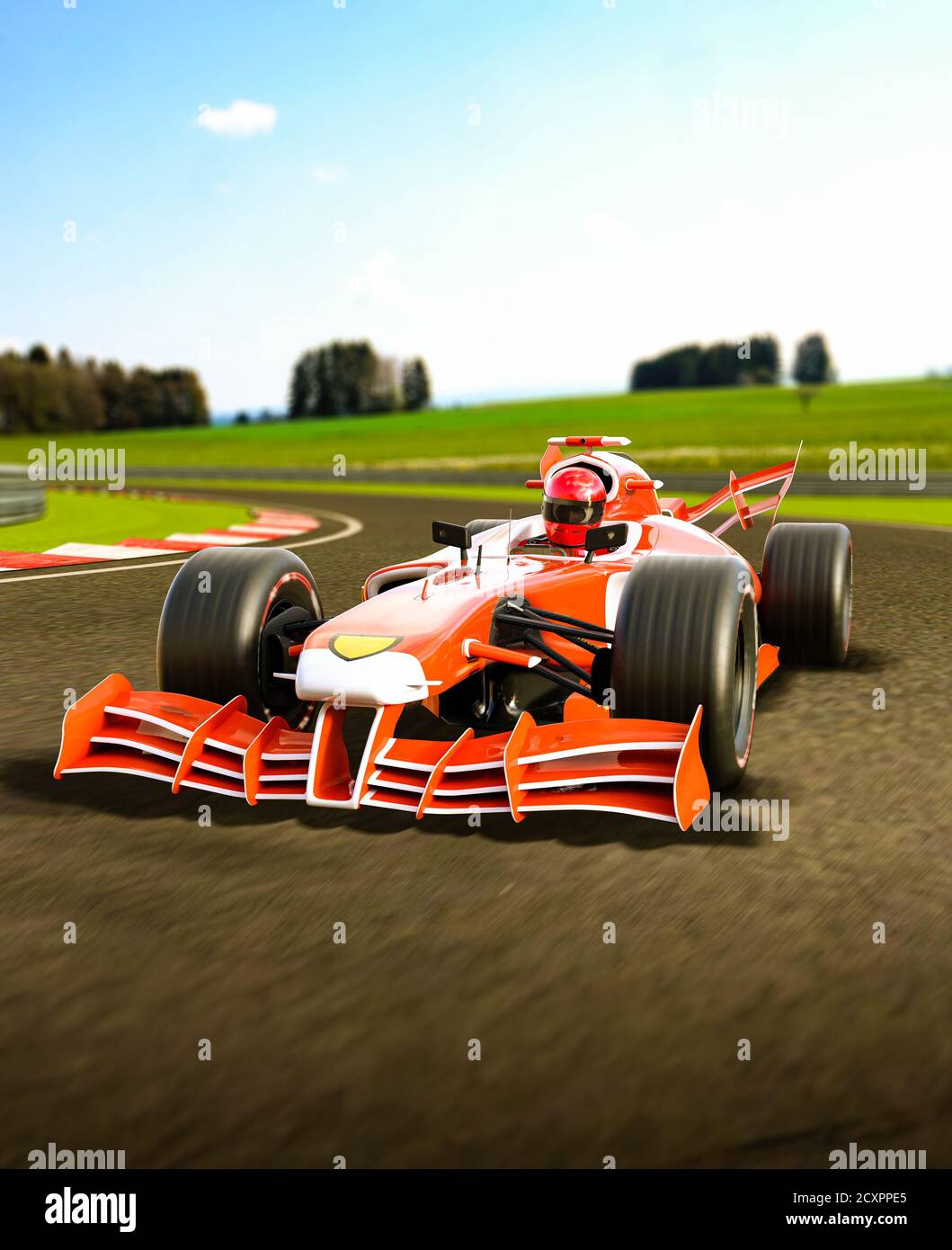 Red open wheeled single-seater forceful formula race car in a curve, 3d ...