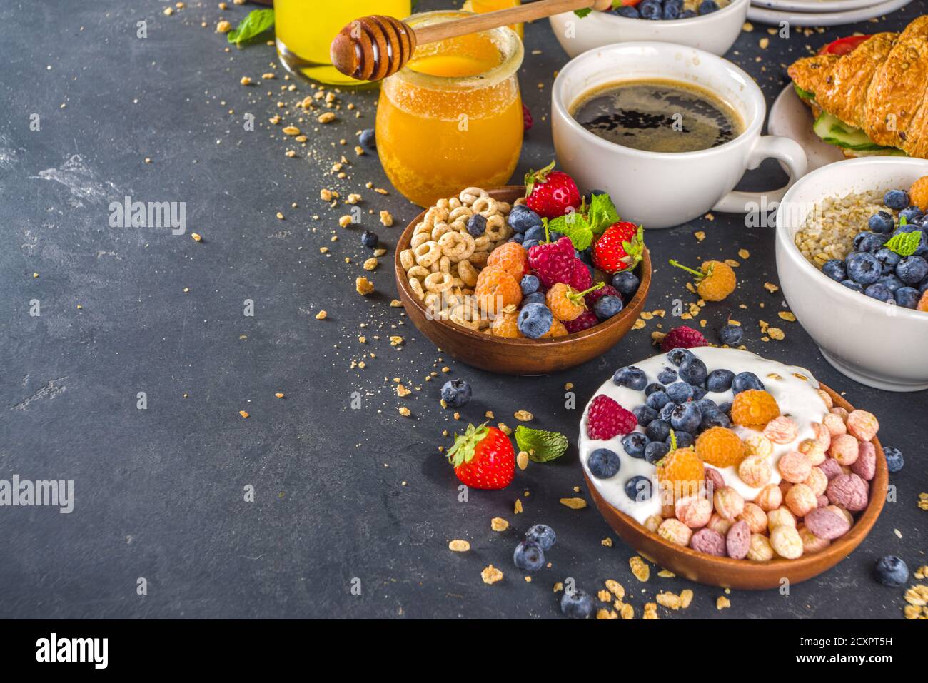 Various breakfast food concept. Traditional healthy breakfast foods and ...