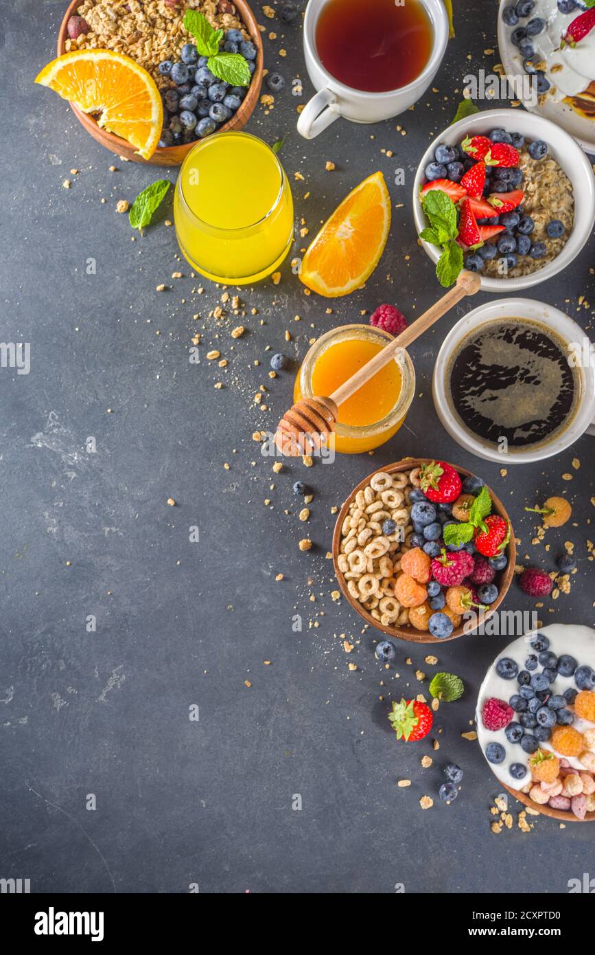 Various breakfast food concept. Traditional healthy breakfast foods and ...