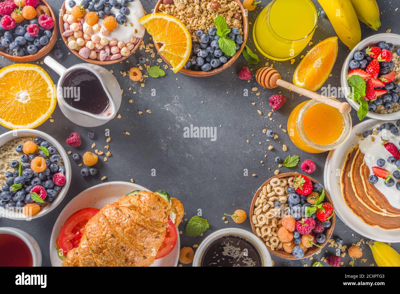 Various breakfast food concept. Traditional healthy breakfast foods and ...