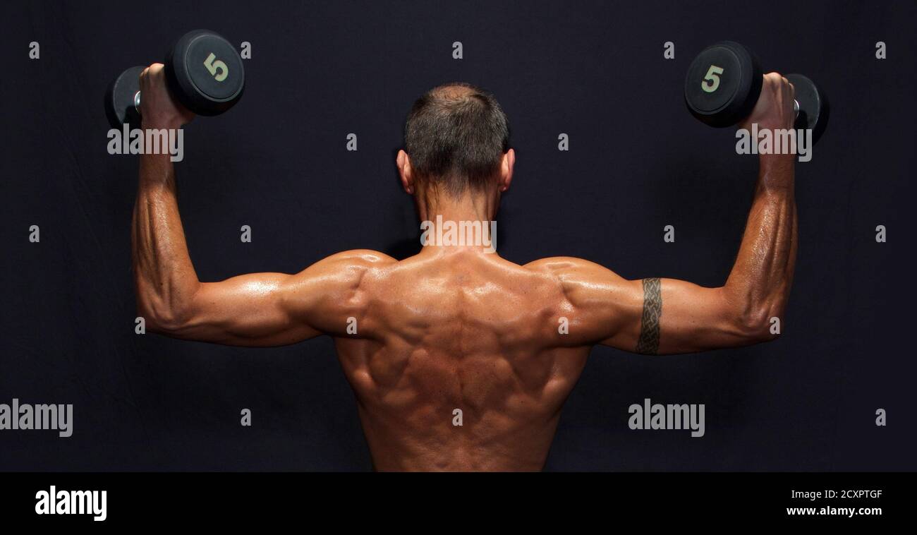 Forty-five year old man with muscular back lifting weights Stock Photo ...
