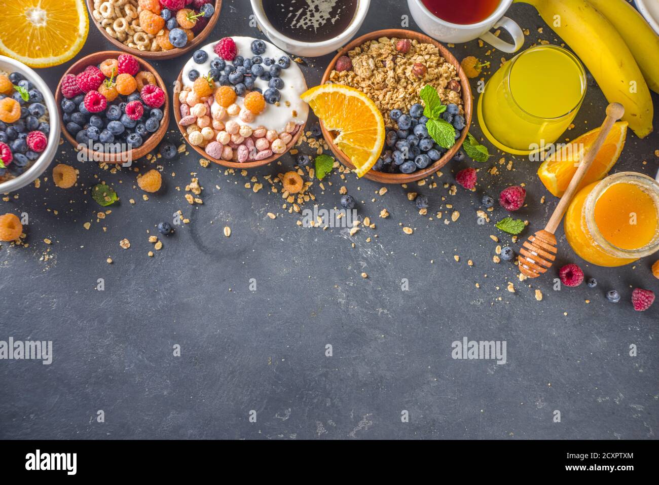 Various breakfast food concept. Traditional healthy breakfast foods and ...