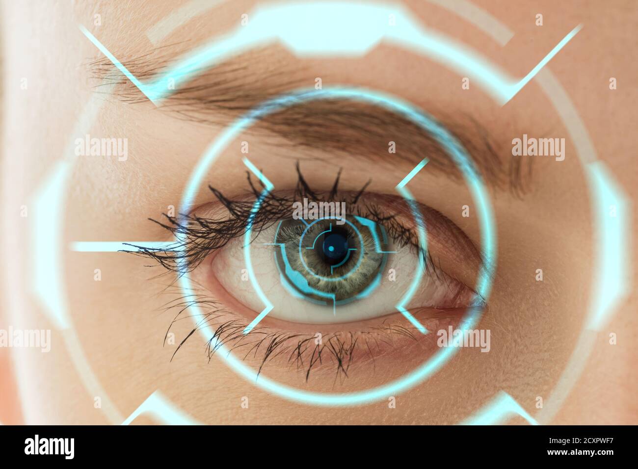 Close up. Future woman with cyber technology eye panel, cyberspace ...