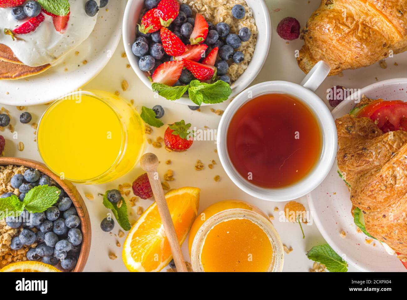 Various breakfast food concept. Traditional healthy breakfast foods and ...