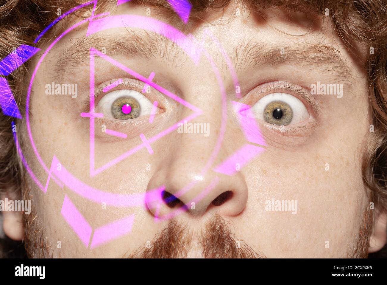 Future man with cyber technology eye panel, cyberspace interface ...