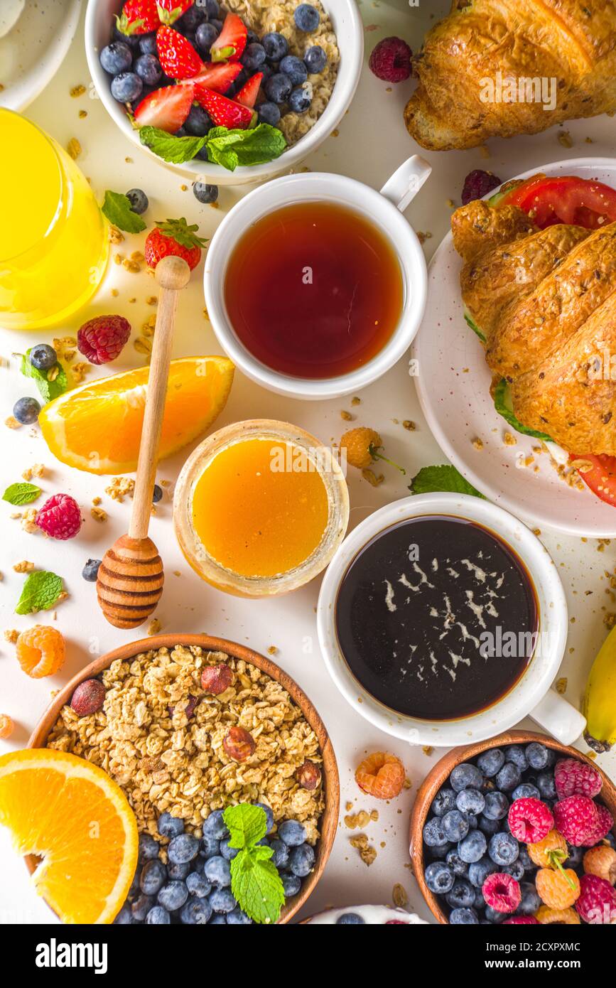 Various breakfast food concept. Traditional healthy breakfast foods and ...