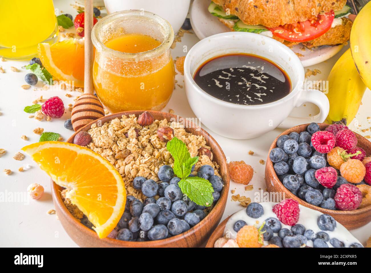 Various breakfast food concept. Traditional healthy breakfast foods and ...