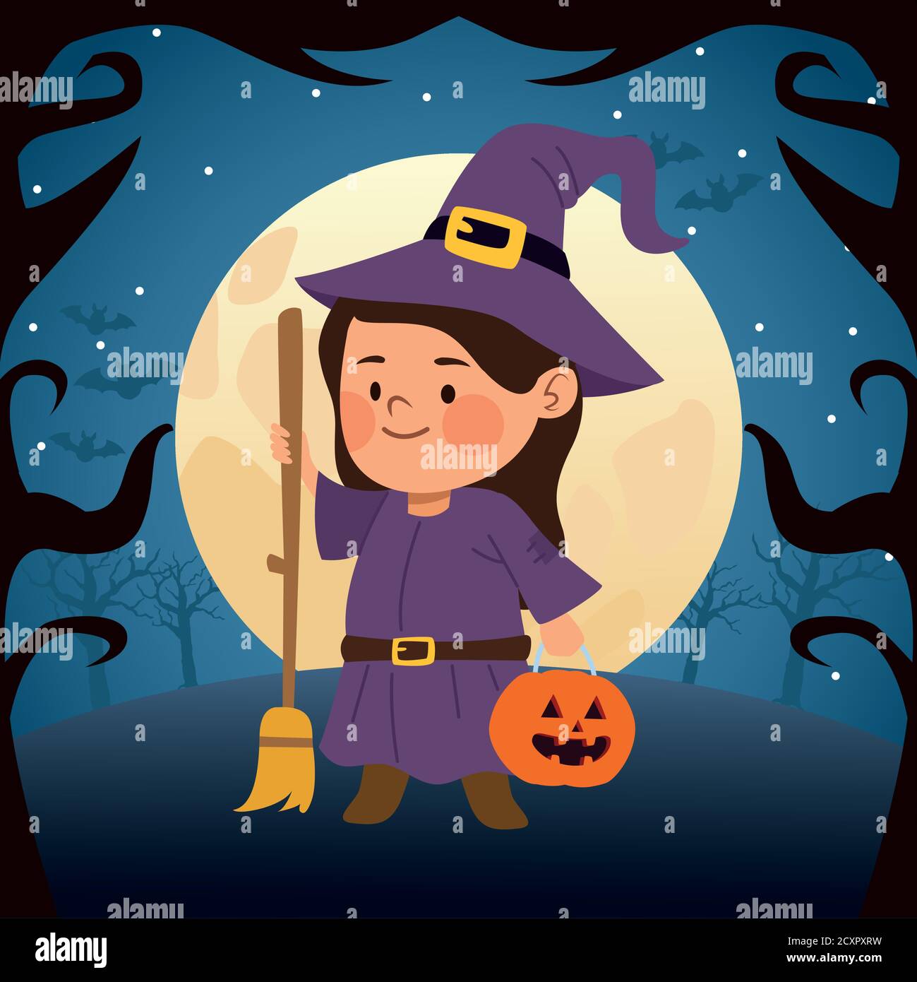 cute little girl dressed as a witch and moon night vector illustration ...