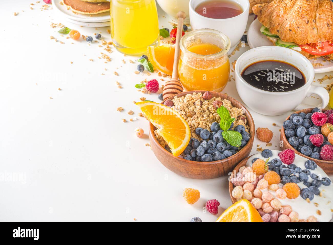 Various breakfast food concept. Traditional healthy breakfast foods and ...