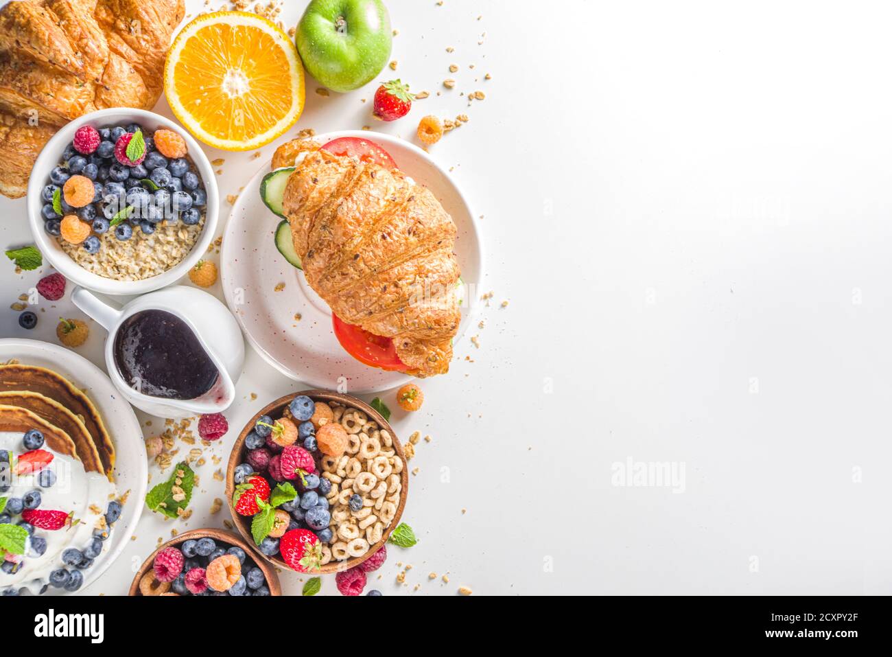 Various breakfast food concept. Traditional healthy breakfast foods and ...