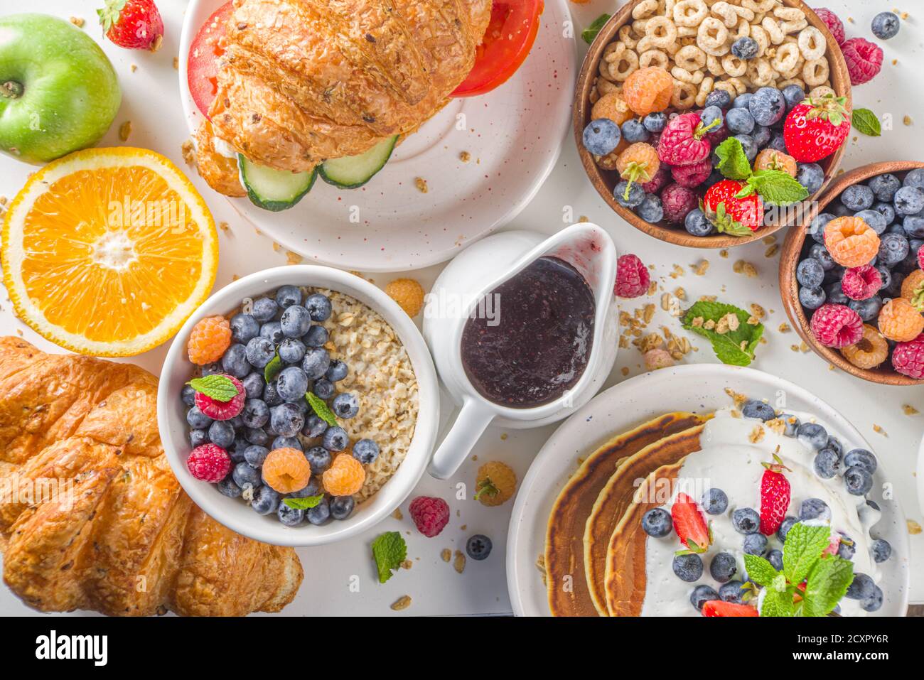 Various breakfast food concept. Traditional healthy breakfast foods and ...