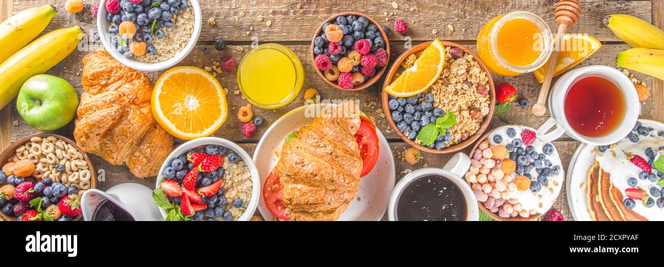 Various breakfast food concept. Traditional healthy breakfast foods and ...