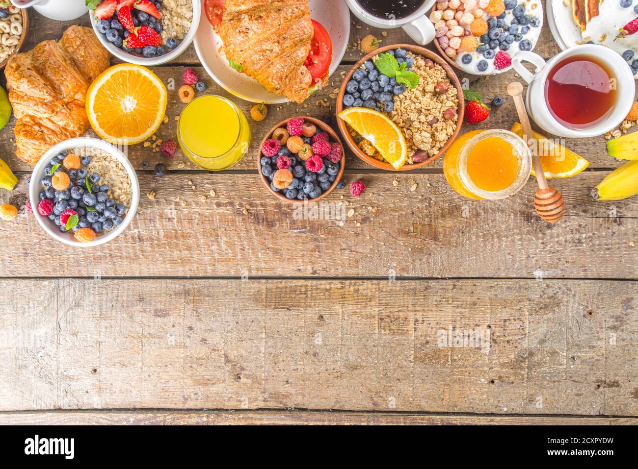Various breakfast food concept. Traditional healthy breakfast foods and ...