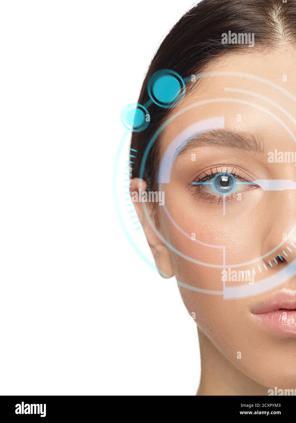 Future woman with cyber technology eye panel, cyberspace interface ...