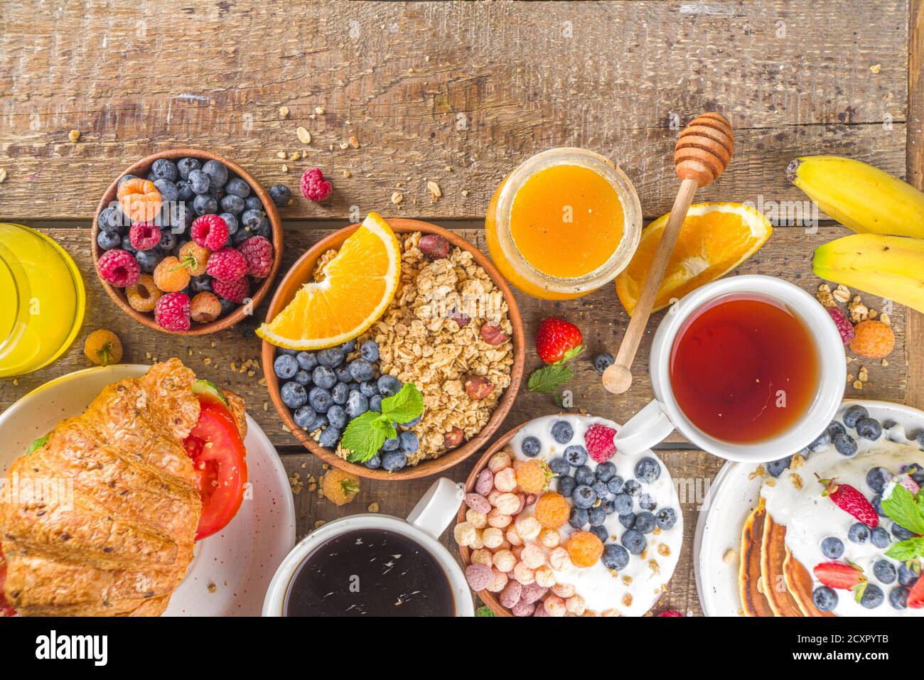 Various breakfast food concept. Traditional healthy breakfast foods and ...