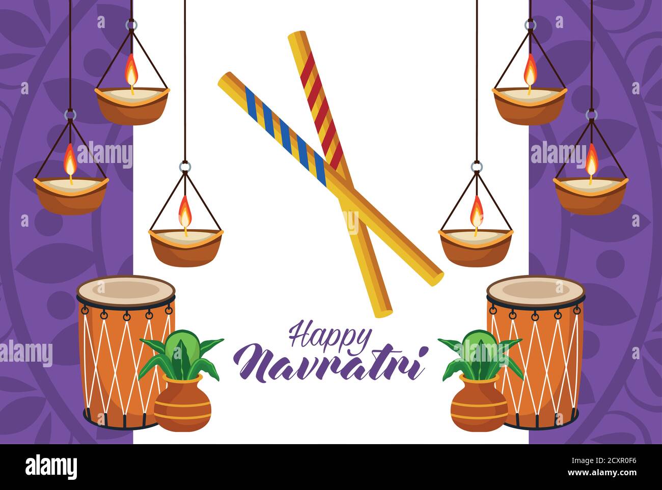 happy navratri celebration with drums and candles hanging vector ...