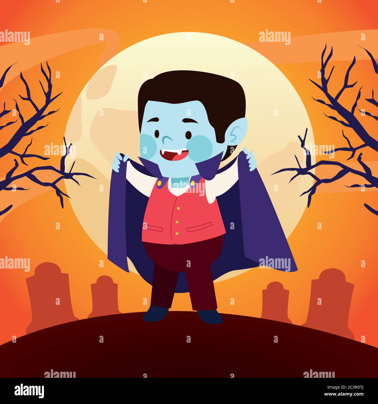 cute little boy dressed as a dracula character in cemetery vector ...