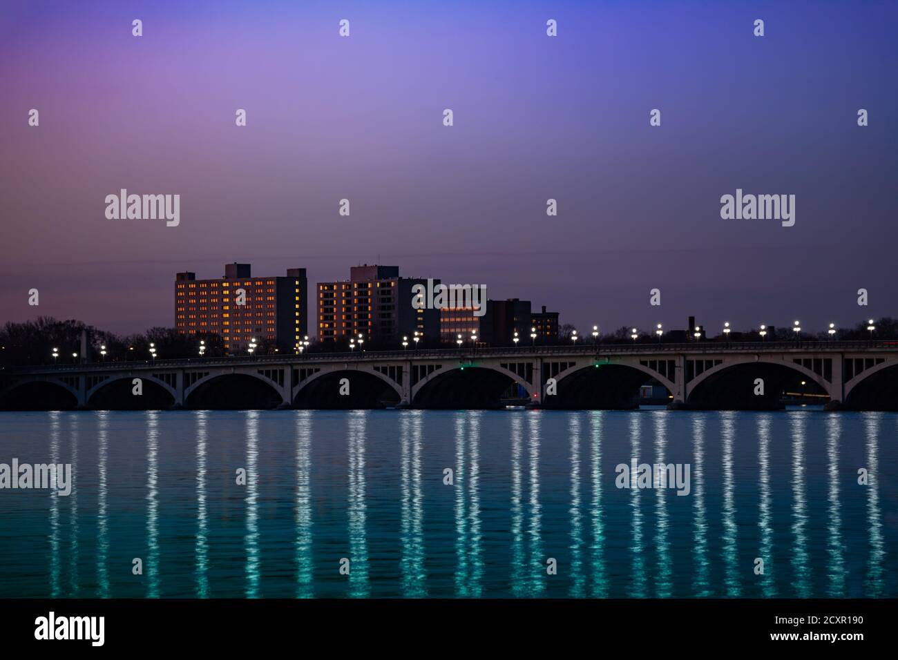Night view of MacArthur bridge over Detroit river on sunny day from ...