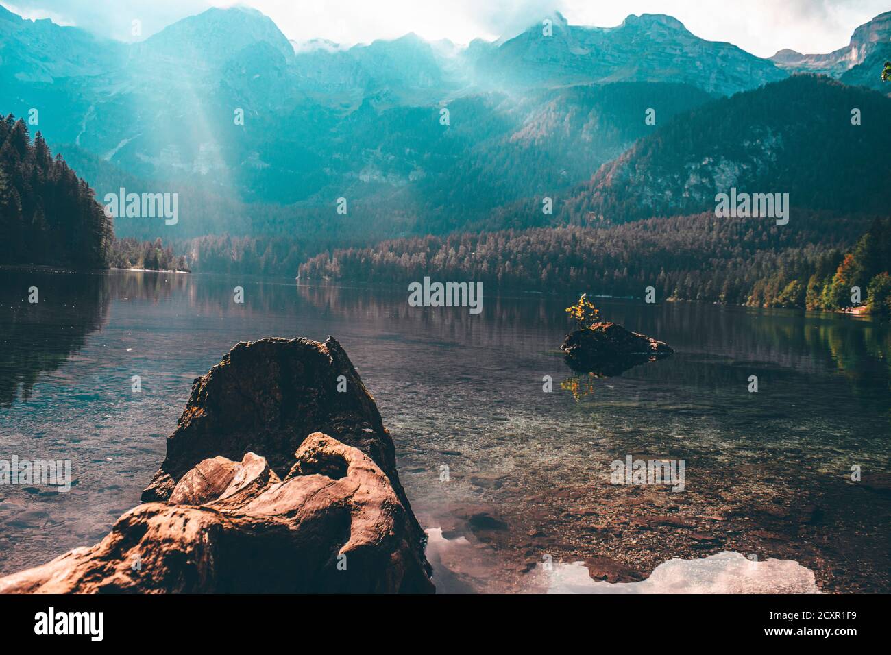 Little paradise at lake tovel with a cloudy sky Stock Photo - Alamy