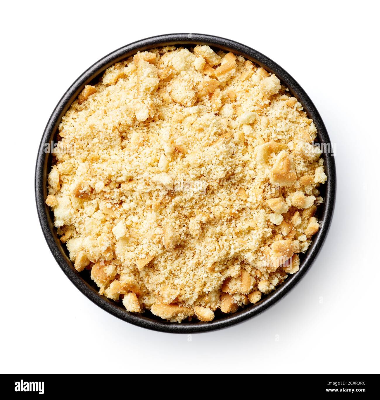 Black bowl of biscuit crumbs isolated on white background, top view ...