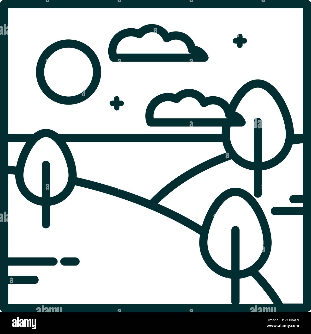 landscape forest trees night moon sky clouds cartoon line icon style ...