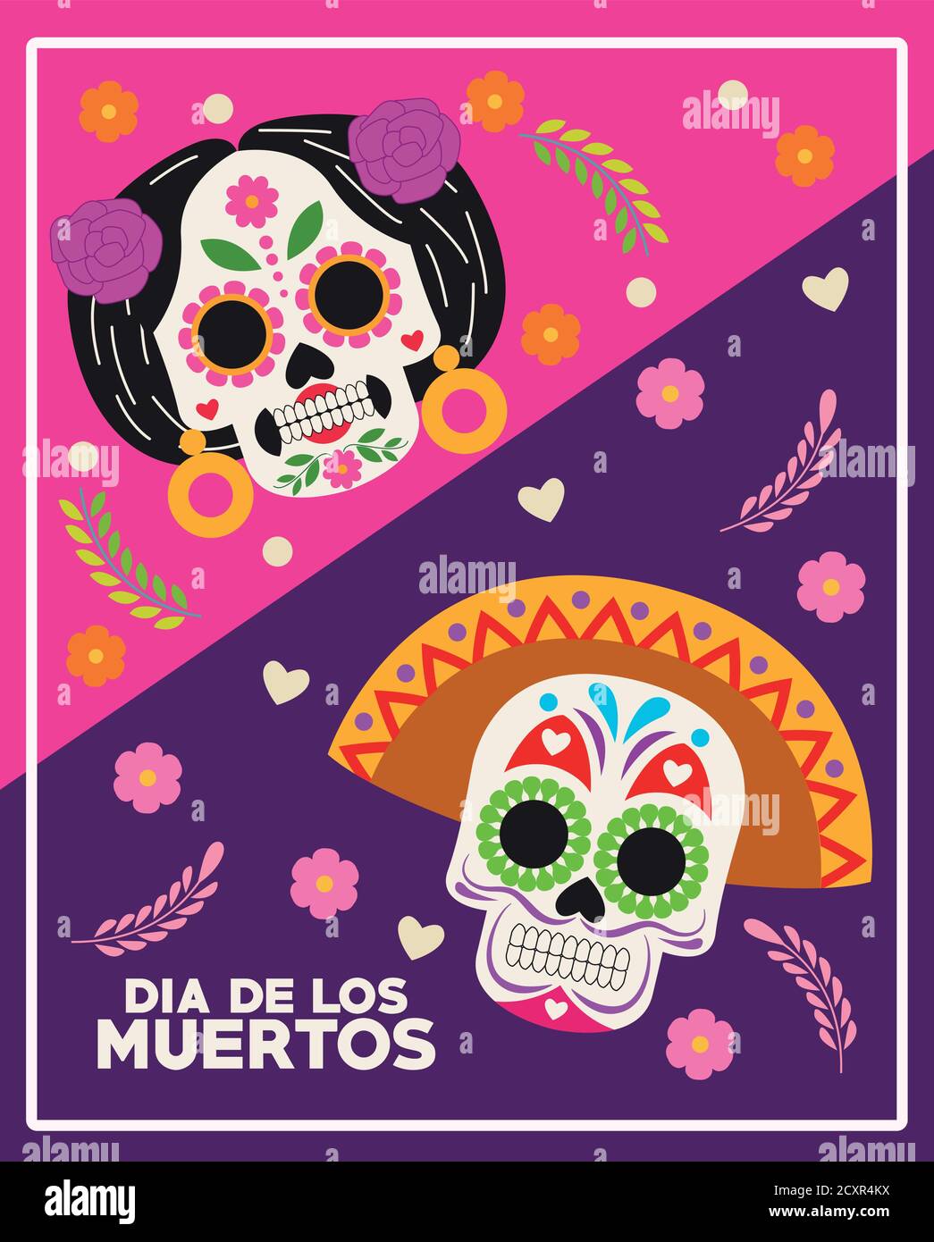 dia de los muertos celebration poster with skulls couple and flowers ...