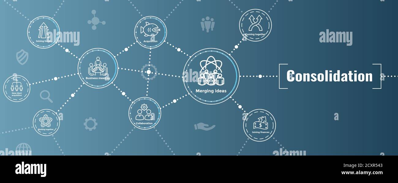 Companies merging together, one buying out the other & icon set header ...