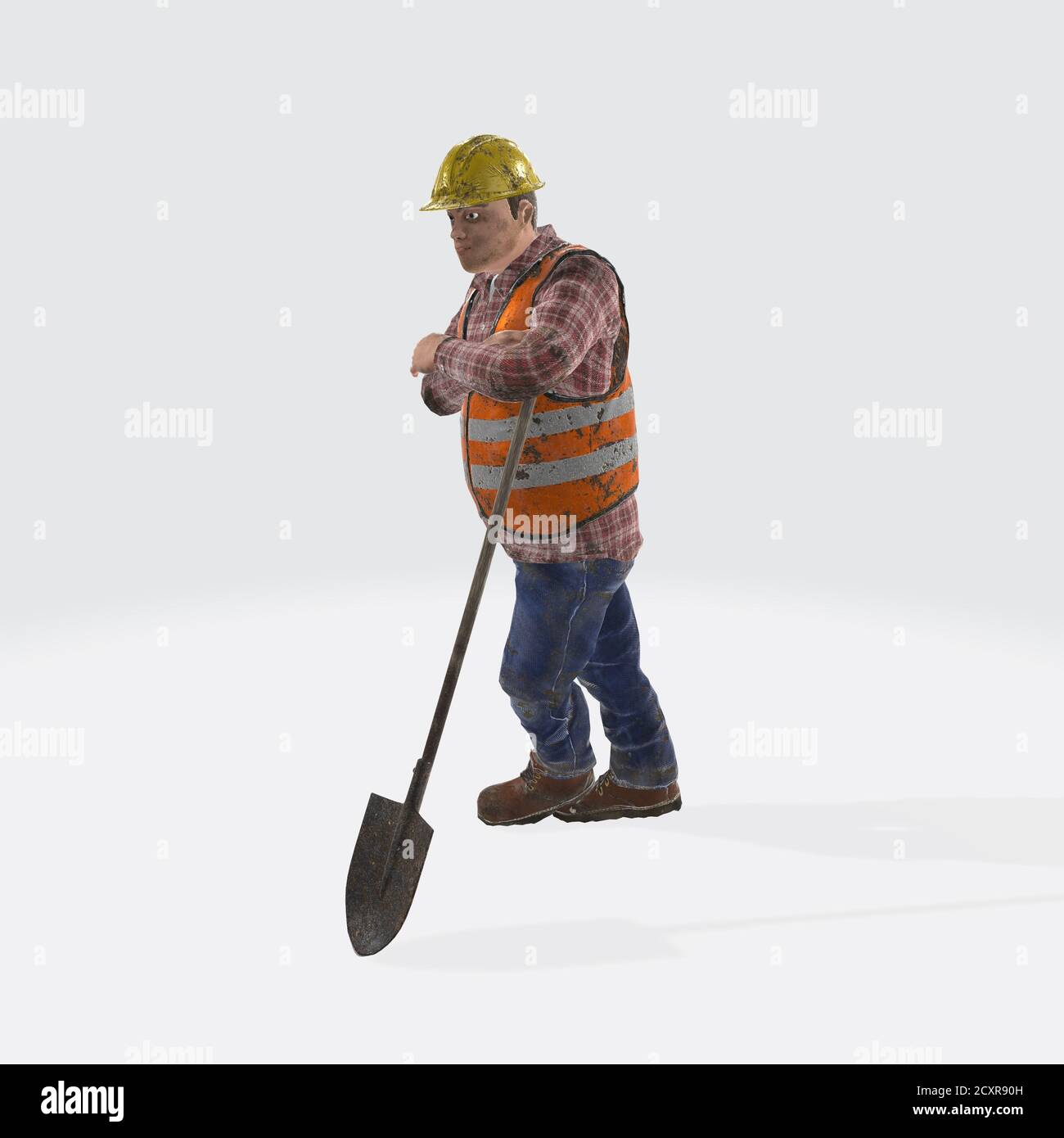 3D illustration of a construction worker with a muddy outfit and helmet ...