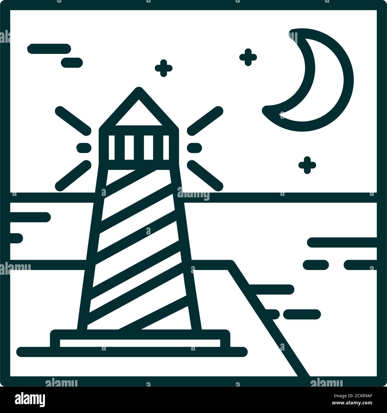 landscape lighthouse ocean moon night sky cartoon line icon style ...