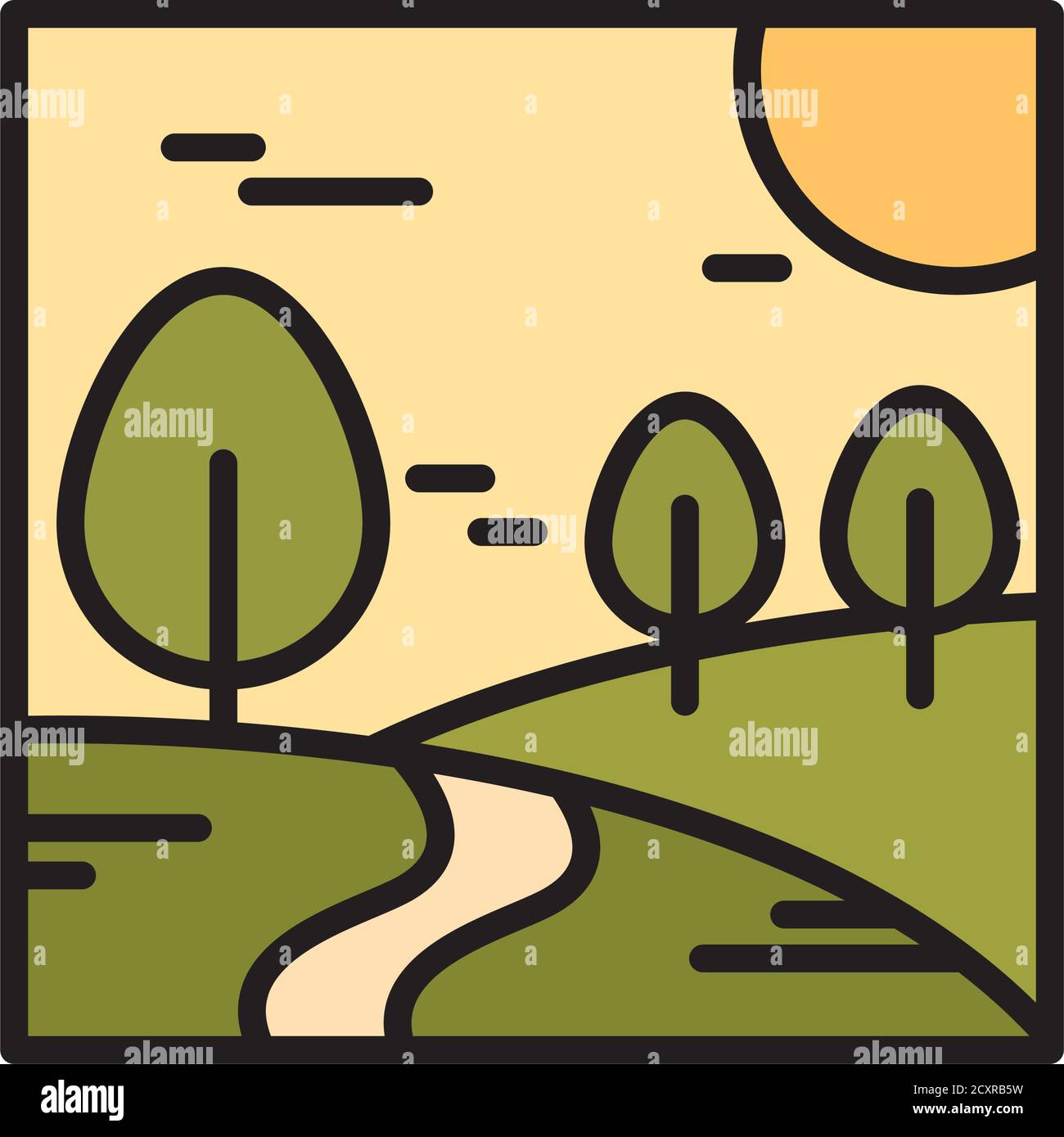 landscape path trees meadow nature sun sky cartoon line and fill style ...