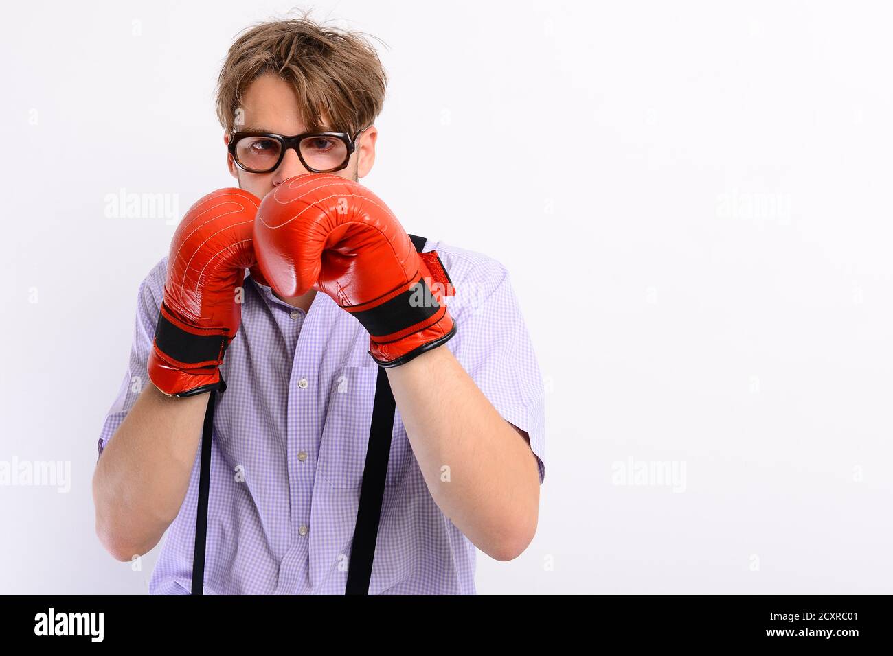 Nerd with leather box equipment isolated on white background, copy ...