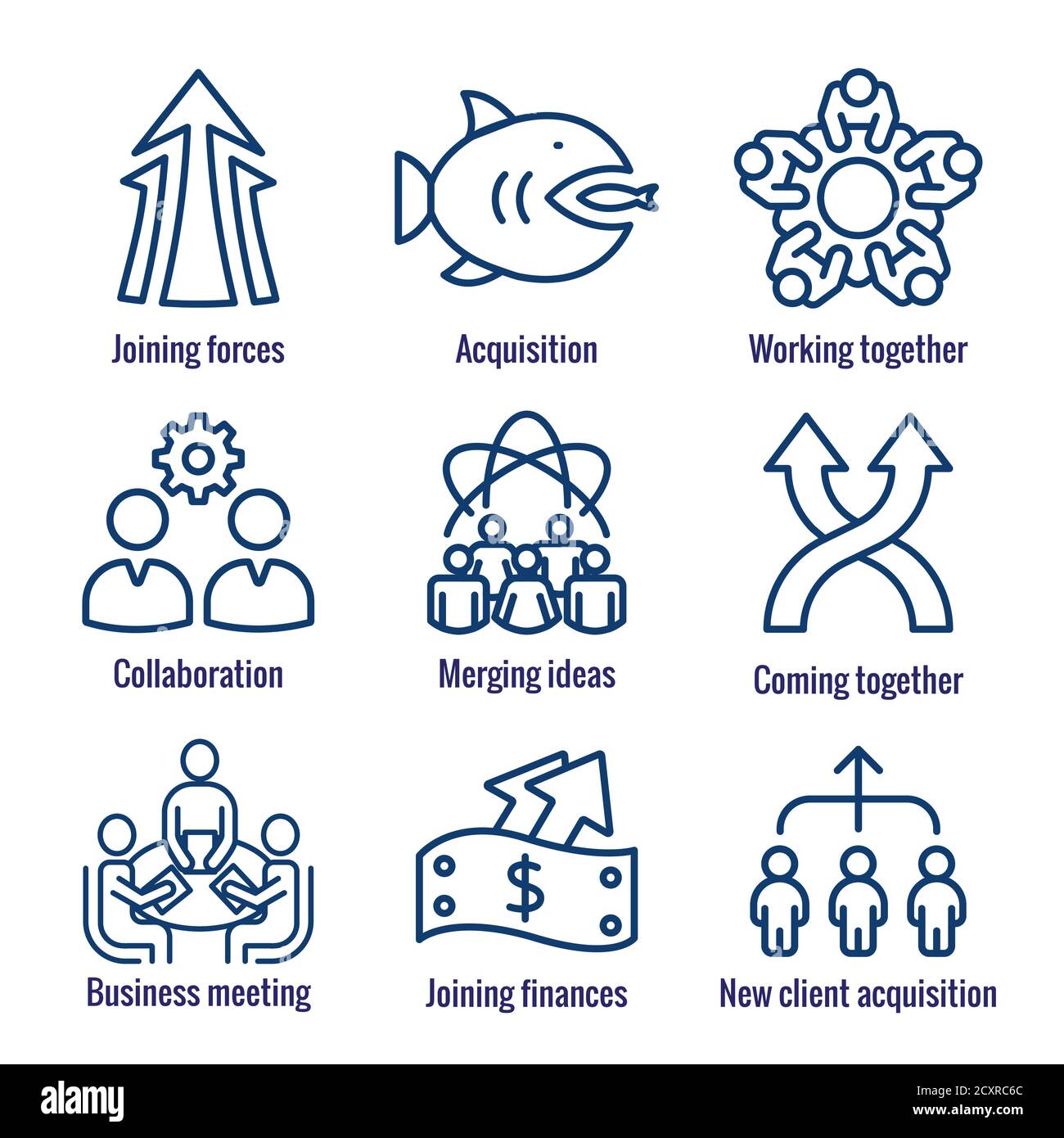 Companies merging together, one buying out the other & icon set banner ...