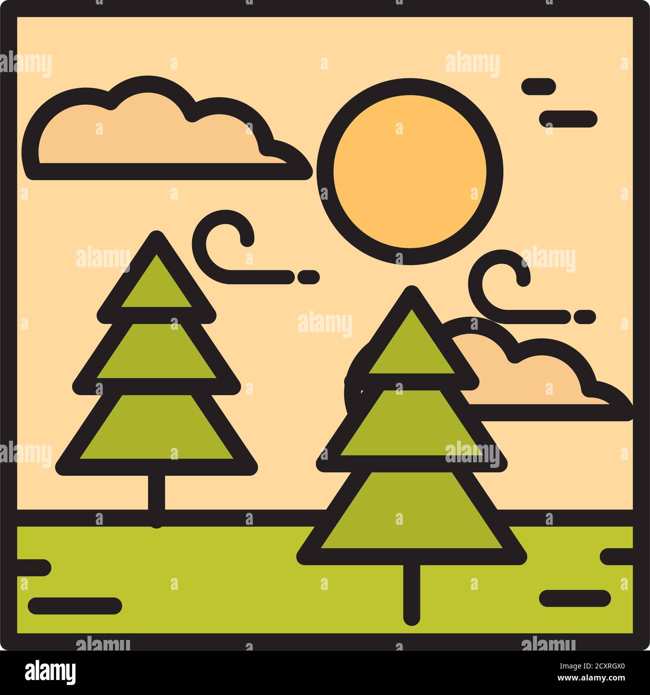 landscape forest trees wind clouds sun sky cartoon line and fill style ...