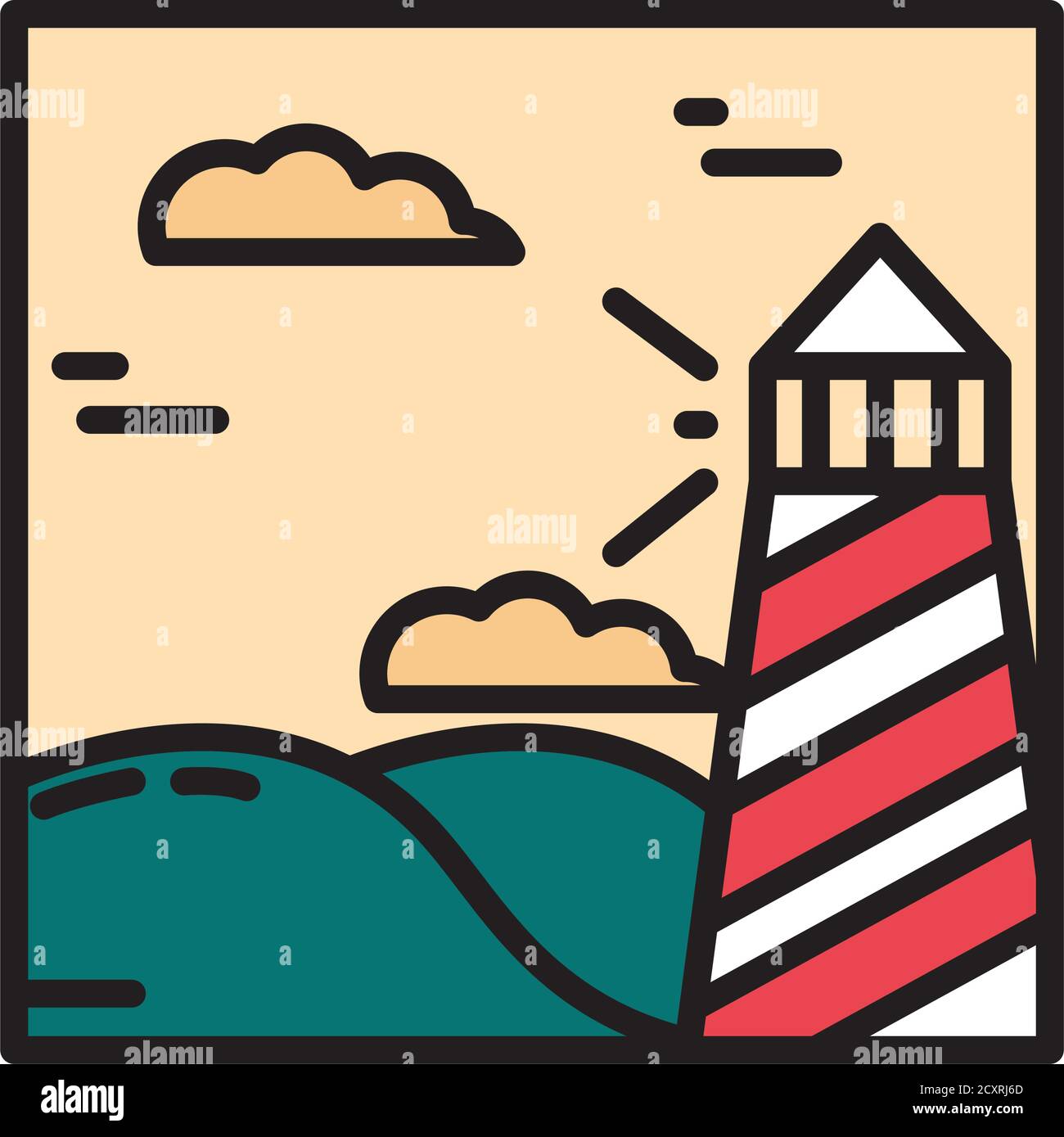 landscape lighthouse hills sky clouds scene cartoon line and fill style ...