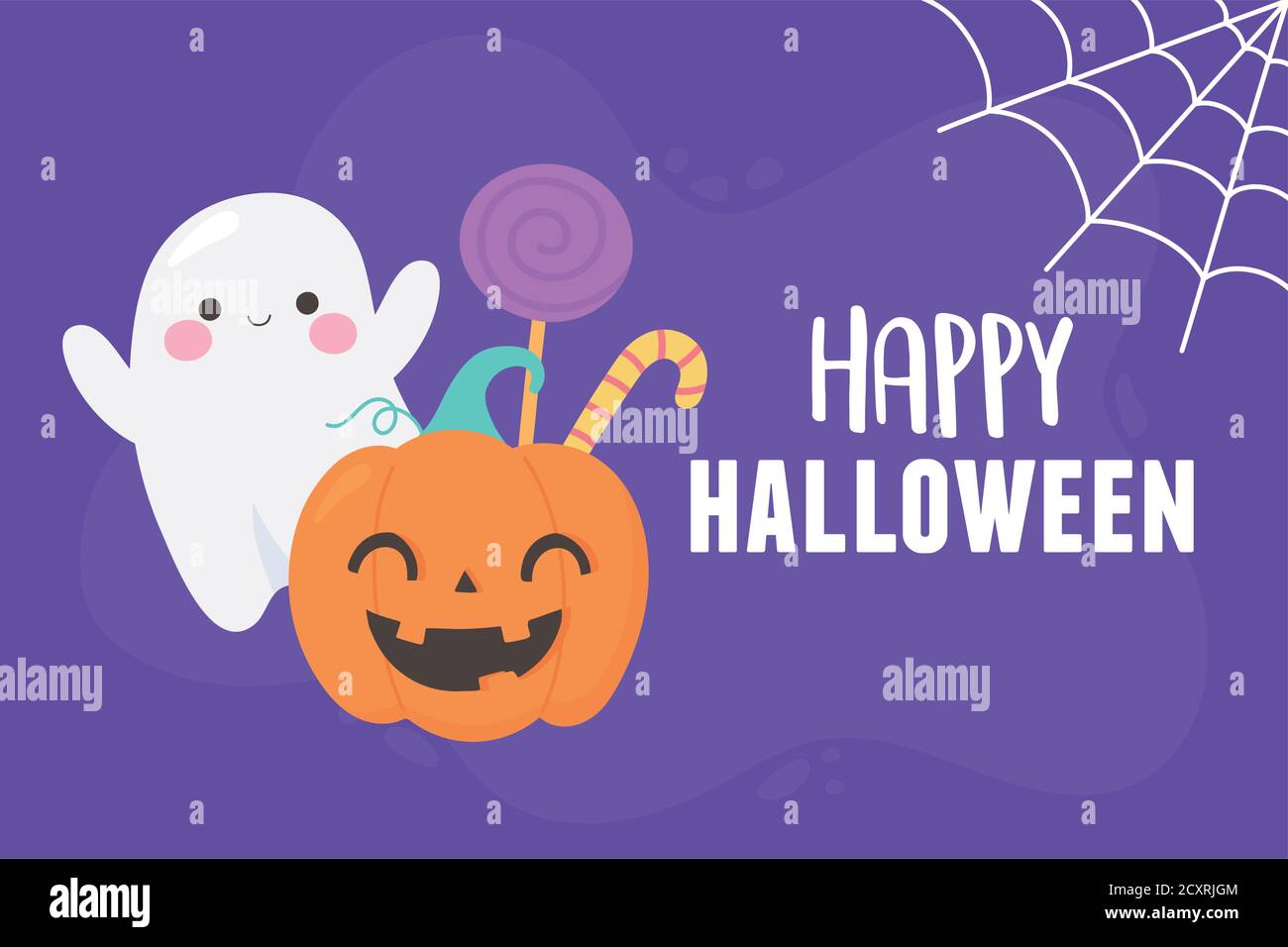 happy halloween pumpkin ghost candies and web vector illustration Stock ...