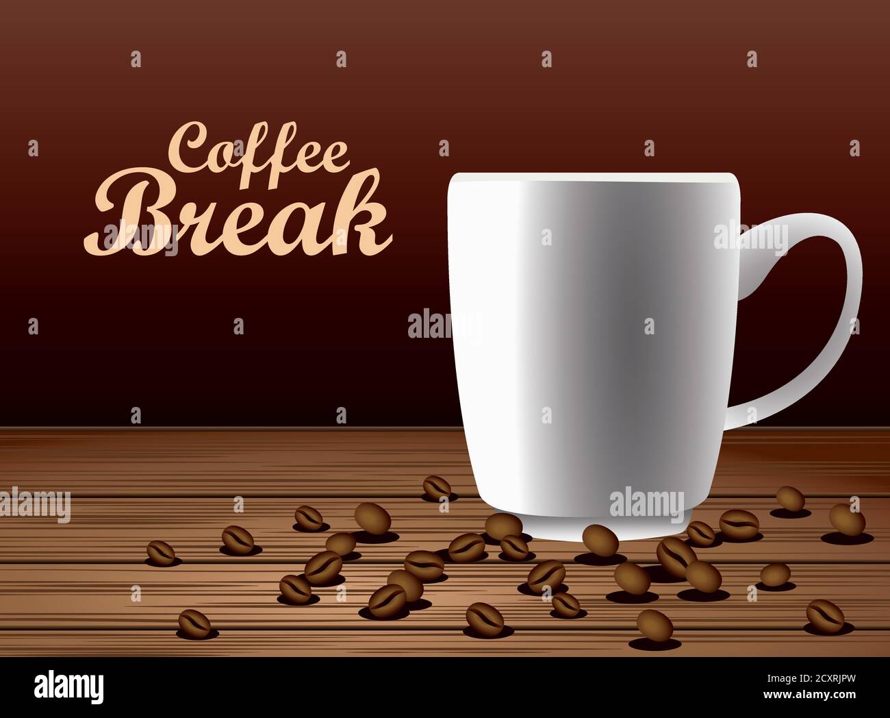 coffee break lettering poster with cup and seeds in wooden table vector ...