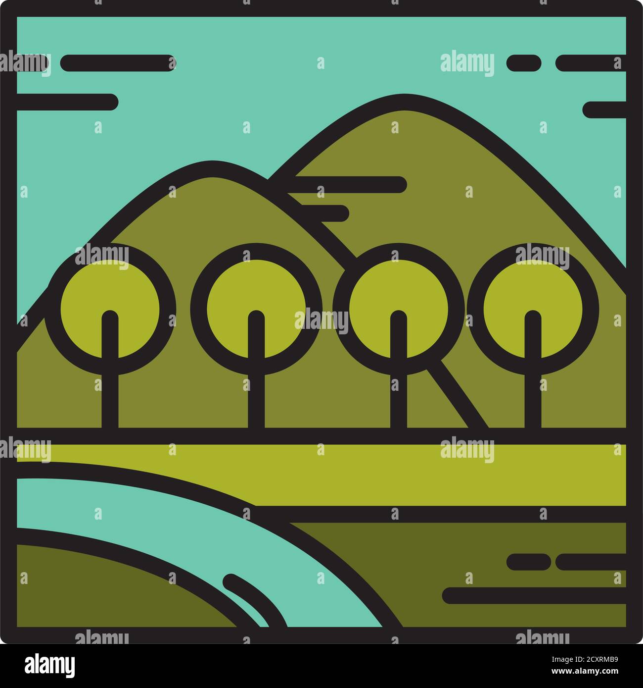 landscape forest trees mountains river field scene nature line and fill ...