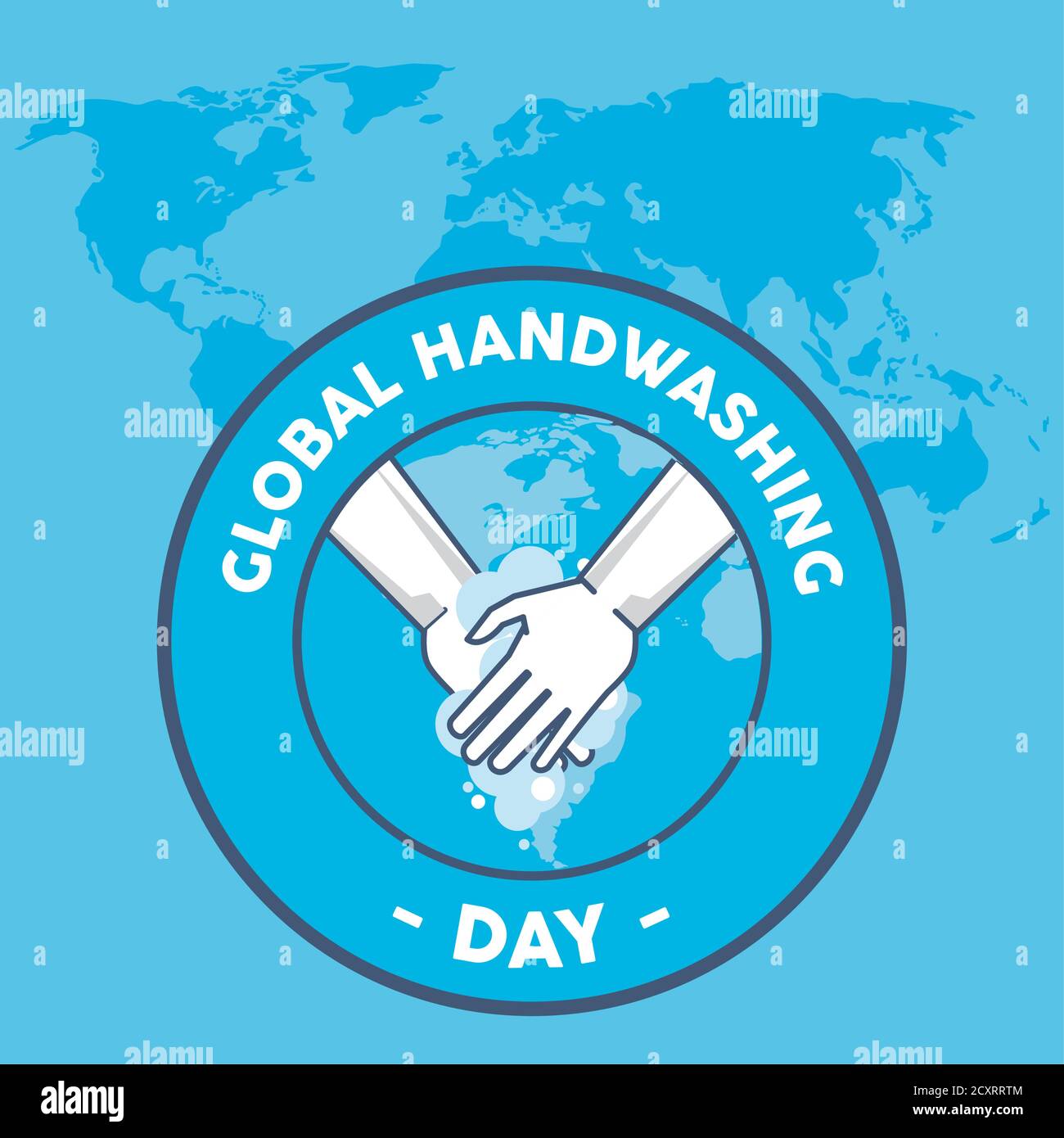 global handwashing day lettering with hands washing seal and earth maps ...