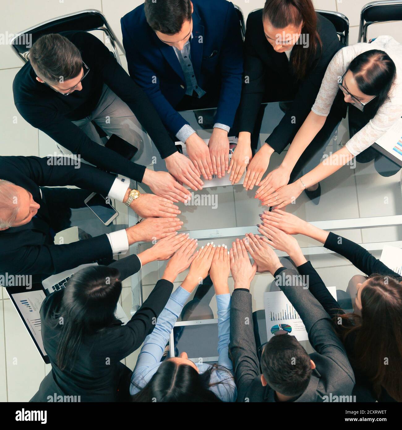 top view. business team showing their unity in the workplace Stock ...