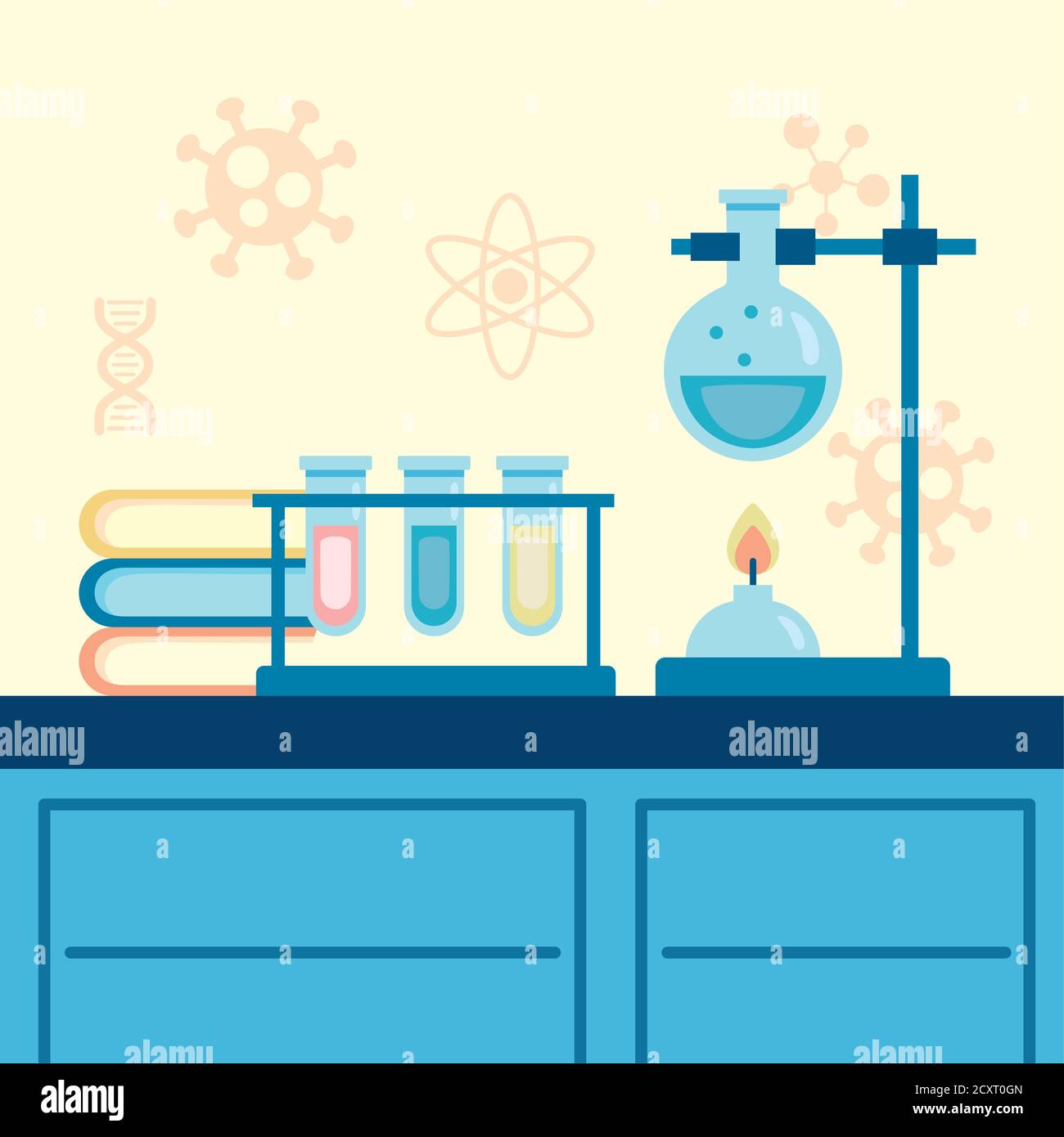 laboratory desk with tube test and covid19 particles vaccine research ...